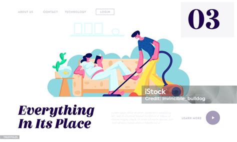 남자는 바닥을 청소 소파에 큰 배꼽 독서와 임신한 여자 가족 대기 아기 부부 남편과 아내 깨끗 한 홈 웹 사이트 방문 페이지 웹 페이지 만화 평면 벡터 일러스트 레이 션