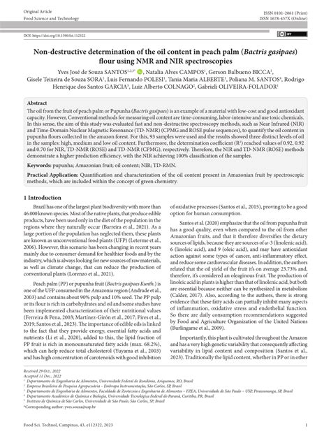 Pdf Non Destructive Determination Of The Oil Content In Peach Palm