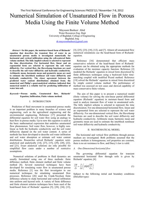 Pdf Numerical Simulation Of Unsaturated Flow In Porous Media Using The Finite Volume Method