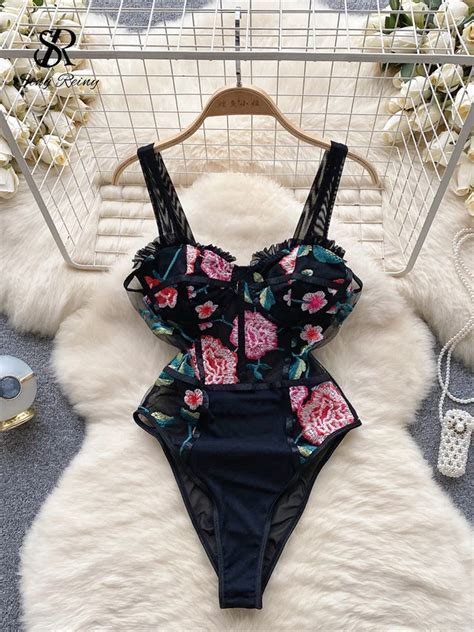 Singreiny Floral Strapless Sheer Camis Rompers Women Embroidery Open