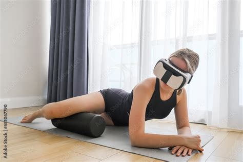 Vr Fitgirl Doing Fitness In Vr Glasses At Homevirtual Reality