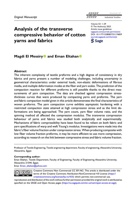 Pdf Analysis Of The Transverse Compressive Behavior Of Cotton Yarns And Fabrics