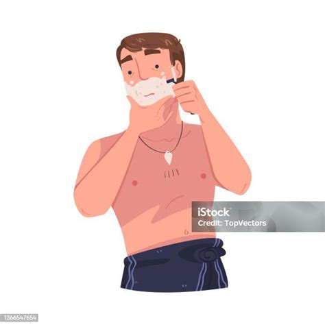 면도기 벡터 일러스트와 위생 절차 면도를하고 욕실에서 남자 문자 개성 개념에 대한 스톡 벡터 아트 및 기타 이미지 개성 개념