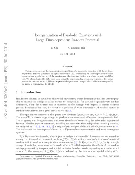 Pdf Homogenization Of Parabolic Equations With Large Time Dependent Random Potential