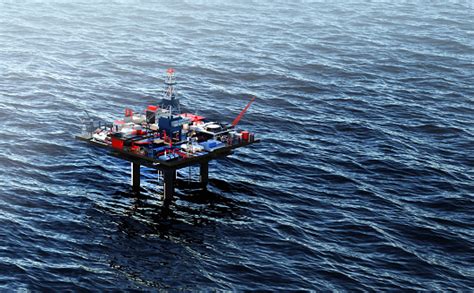 해상 석유 굴착 장치 시추 장비 잭 업 리그 일몰 동안 바다에서의 석유 플랫폼 및 네온 성장 하이트 차트는 가격 역학 변화를 밀어 넣습니다 3d 렌더링 그림 광업에 대한