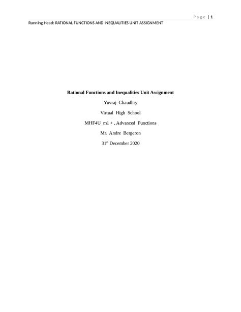 Rational Functions And Inequalities Unit Assignment Docx Download For Quality Grades With