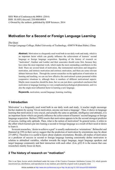 Pdf Motivation For A Second Or Foreign Language Learning