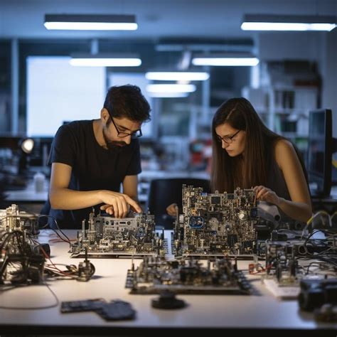 Premium Ai Image Portrait Of Two Happy Female And Male Engineers Using Laptop Computer To
