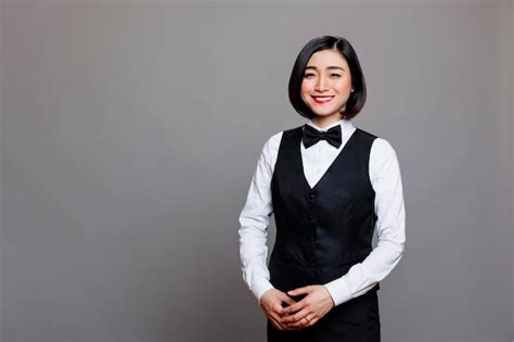 Premium Photo Smiling Asian Receptionist In Uniform