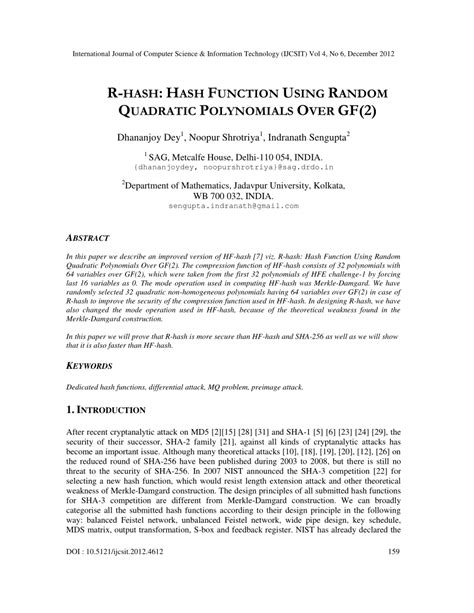 Pdf R Hash Hash Function Using Random Quadratic Polynomials Over Gf2