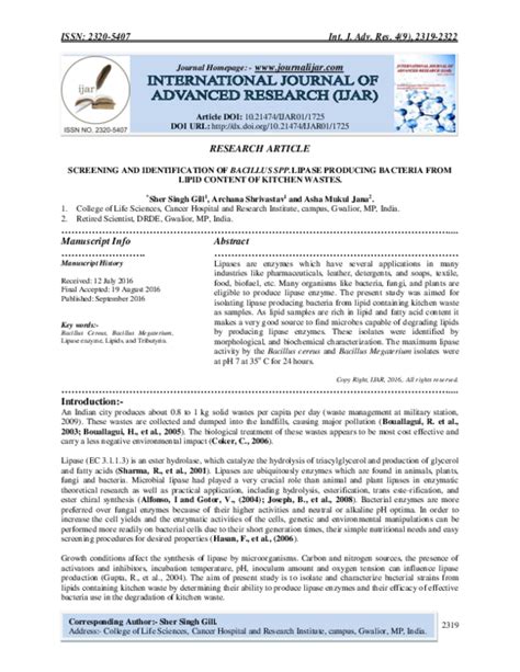 Pdf Screening And Identification Of Bacillus Spplipase Producing Bacteria From Lipid Content