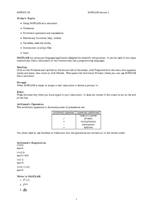 Matlab Notes On How To Use It Maths 162 Matlab Lecture 1 Todays Topics Using Matlab As A