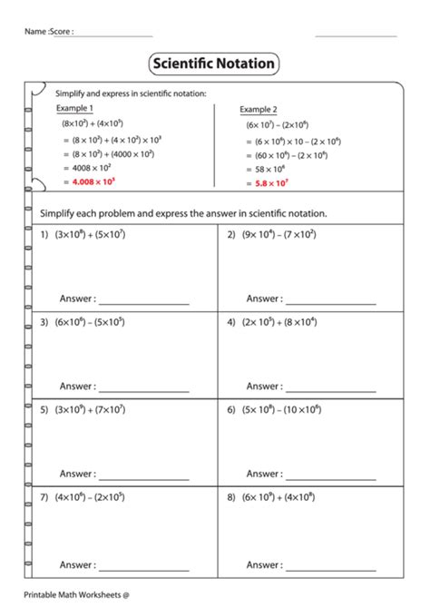 simplifying expressions in scientific notation worksheet with answer
