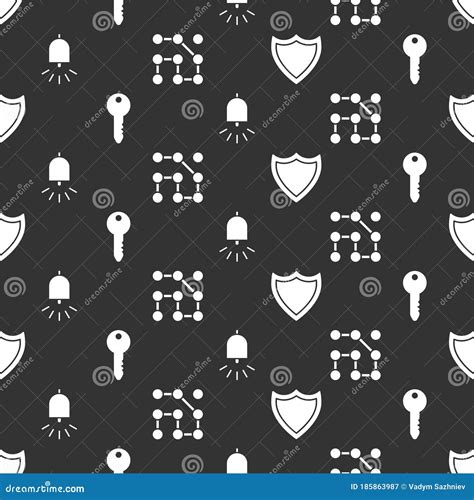 Set Shield Key Ringing Alarm Bell And Graphic Password Protection On Seamless Pattern Vector