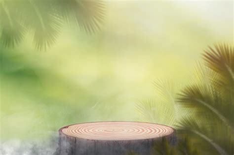 제품 연단과 열대 야자수의 빈 나무 실린더 모양은 녹색 배경에 그림자를 남깁니다 연기가 연기로 제품 발표 모형 쇼 연단 무대 받침대 또는 플랫폼을 위해 떠오르십시오 강단에