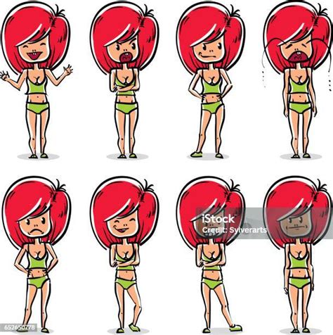 아름 다운 빨간 머리 숙 녀의 벡터 전체 길이 초상화의 집합입니다 다른 감정에 매력적인 여성의 만화 손으로 그린 그림 실루엣에 대한 스톡 벡터 아트 및 기타 이미지 Istock