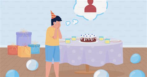 슬픈 생일 파티 플랫 컬러 벡터 그림입니다 외로움에 울고 있는 어린 소년 혼자 축하 휴가 배경에 장식된 방이 있는 완전히 편집 가능한 2d 간단한 만화 캐릭터 벡터