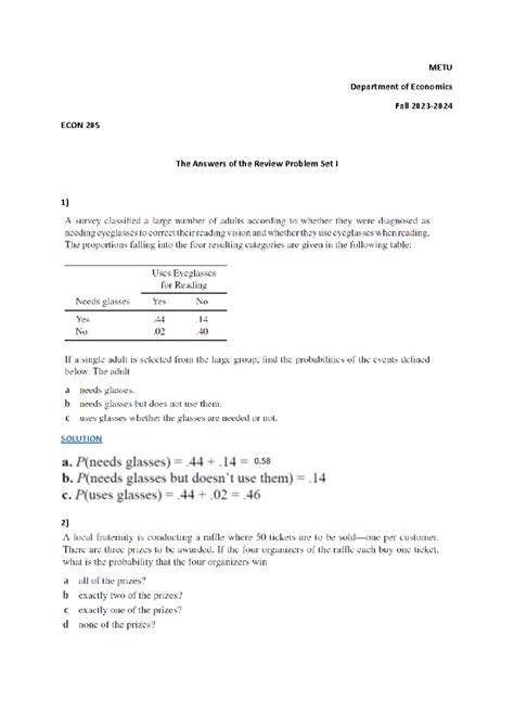 Review Problem Set 1 Answers METU Department Of Economics Fall 2023
