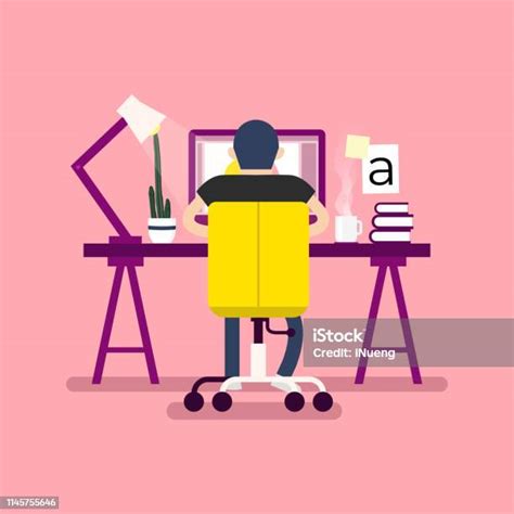 그래픽 디자인 작업 영역 디자이너는 책상에 앉아 다시 보기 미술 감독에 대한 스톡 벡터 아트 및 기타 이미지 미술 감독