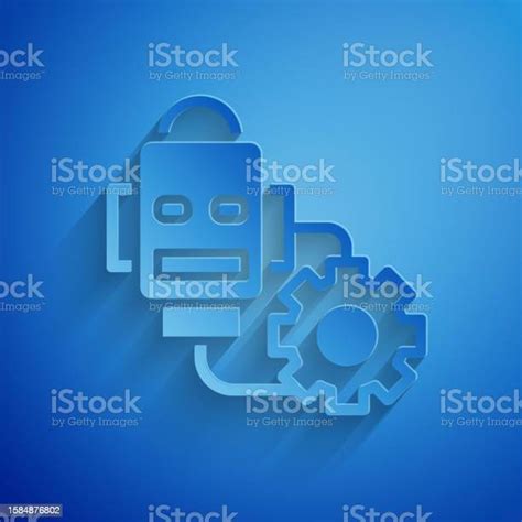 종이 컷 로봇 설정 아이콘은 파란색 배경에 분리되어 있습니다 인공 지능 기계 학습 클라우드 컴퓨팅 종이 아트 스타일 벡터 3차원 형태에 대한 스톡 벡터 아트 및 기타 이미지