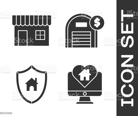 하트 모양의 집 쇼핑 건물 또는 시장 상점 방패가 있는 집 달러 기호 아이콘이 있는 창고가 있는 모니터를 설정합니다 벡터 건물 정면에 대한 스톡 벡터 아트 및 기타 이미지