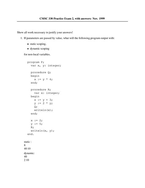 Practice Exam 2 With Answers Organization Programming Language Cmsc