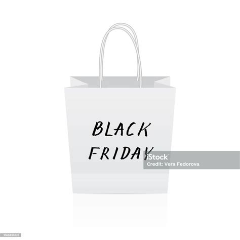 블랙 금요일 흰 종이 쇼핑백에 쓰여진된 글자를 손으로 쇼핑 및 판매 개념 벡터 일러스트입니다 에코 포장입니다 3차원 형태에 대한