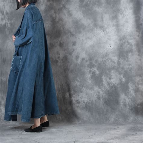 New Arrival Vertical Pockets Denim Trench Coat Womans Plus Size Duster Coat In Denim Blue One