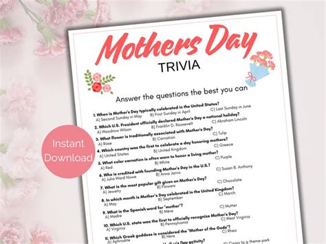Mothers Day Trivia Game Printable Mothers Day Quiz Mothers Day Party