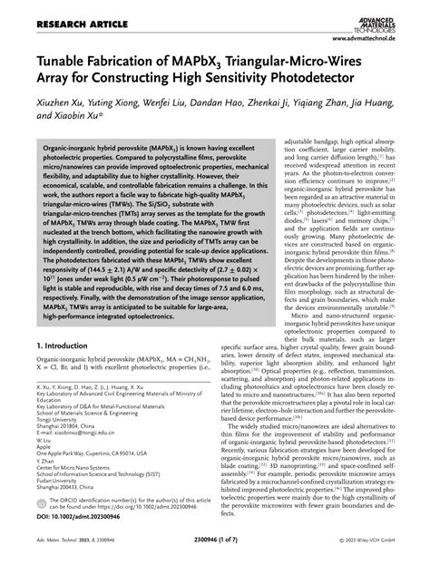 Tunable Fabrication Of Mapbx3 Triangular‐micro‐wires Array For Constructing High Sensitivity