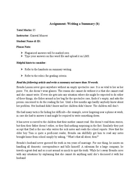 Summary Writing Assignment B Pdf