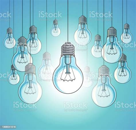 전구 하나의 빛나는 아이디어 개념 다른 생각 군중에서 눈에 띄는 창조적 인 영감을 가진 아름 다운 벡터 일러스트 레이 션 대규모 개체 그룹에 대한 스톡 벡터 아트 및 기타
