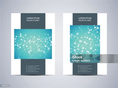 브로셔 템플릿 레이아웃 전단지 커버 연례 보고서 A4 크기에 잡지 분자 입자와 원자 구조입니다 다각형 추상적인 배경입니다 벡터
