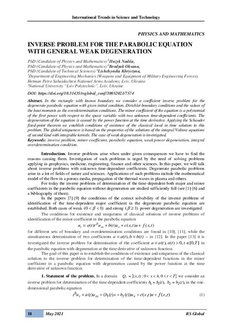 Pdf Inverse Problem For The Parabolic Equation With General Weak