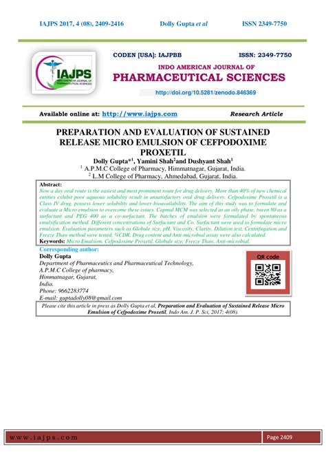 [pdf] Preparation And Evaluation Of Sustained Release Micro Emulsion Of Cefpodoxime Proxetil