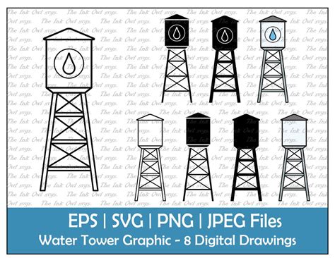 Water Tower Svg Vector Clipart Set Outline And Stamp Drawing Graphic
