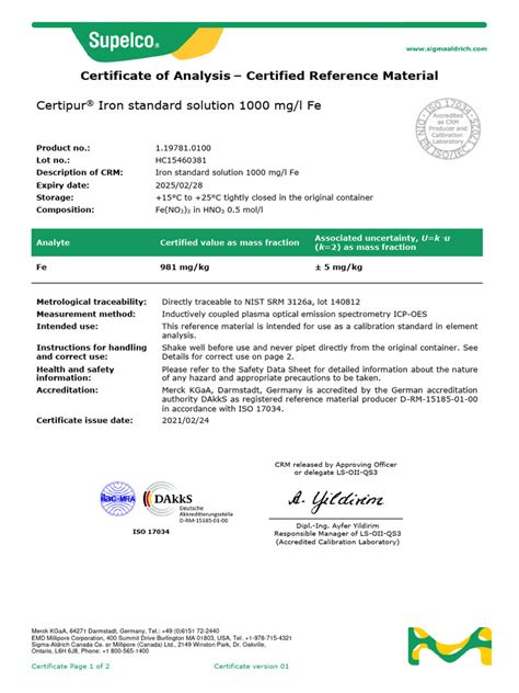 Certificate Of Analysis Certified Reference Material Certipur Iron