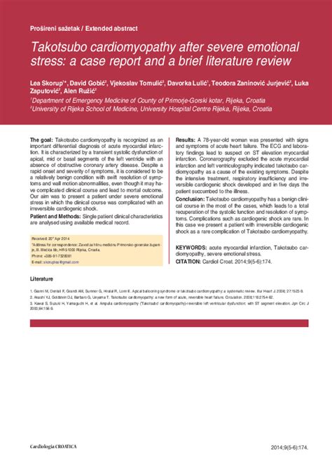 Pdf Takotsubo Cardiomyopathy After Severe Emotional Stress A Case Report And A Brief