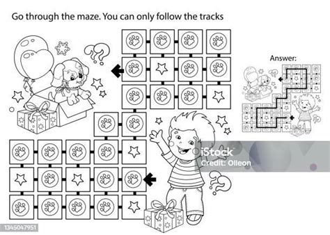 미로 또는 미로 게임 수수께끼 개와 선물 만화 소년의 색칠 페이지 개요 크리스마스 새해 아이들을위한 색칠 공부책 아이에 대한 스톡 벡터 아트 및 기타 이미지 Istock