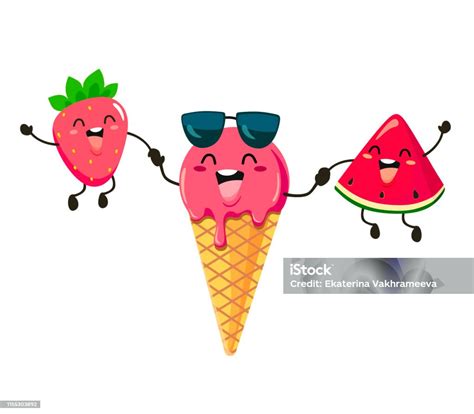 만화 스타일의 박과 딸기 재미 아이스크림 흰색 바탕에 벡터 분리 등장인물에 대한 스톡 벡터 아트 및 기타 이미지 등장인물