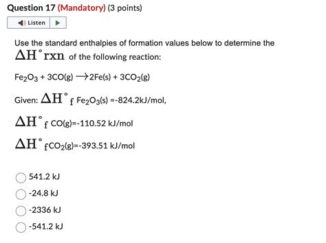 Solved Use The Standard Enthalpies Of Formation Values Below