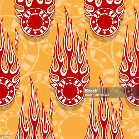 카지노 테마 포커 칩 아이콘과 부족 화재 불꽃 원활한 패턴 벡터 그래픽 벽지 섬유 직물 포장지 다운로드 가능한 디지털 파일