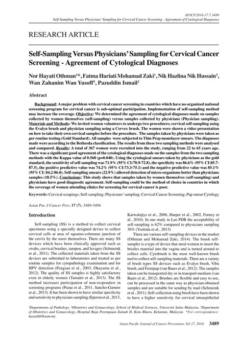 Pdf Self Sampling Versus Physicians Sampling For Cervical Cancer