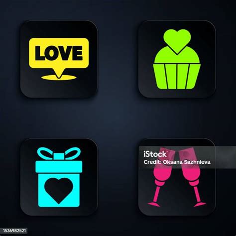 샴페인 한 잔 텍스트 사랑이 담긴 말풍선 하트가 담긴 선물 상자 하트가 담긴 웨딩 케이크를 세트로 놓으세요 검은색 사각형 버튼입니다 벡터 검은색에 대한 스톡 벡터 아트 및