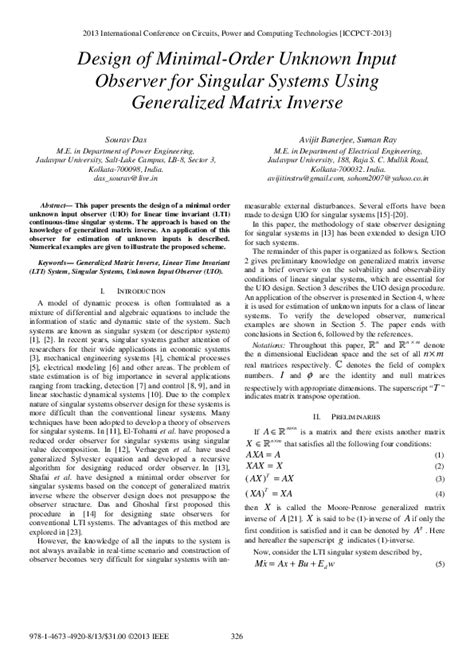 Pdf Design Of Minimal Order Unknown Input Observer For Singular Systems Using Generalized