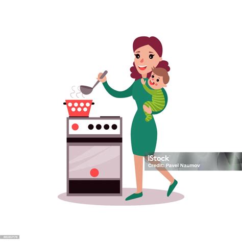 어머니 요리 부엌에서 그녀의 팔에 아기와 함께 슈퍼 엄마 개념 벡터 일러스트 레이 션 기체 물리 구조에 대한 스톡 벡터 아트 및 기타 이미지 기체 물리 구조 독일