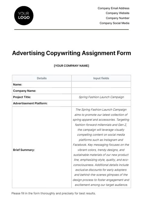 Free Advertising Copywriting Assignment Form Template To Edit Online