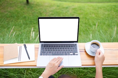 야외에서 작업하는 동안 빈 흰색 데스크톱 화면노트북 컴퓨터를 사용하는 여성 35 39세에 대한 스톡 사진 및 기타 이미지 35 39세 공란 노트북 Istock