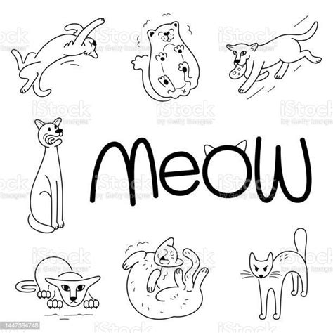 Funny Cats In Different Poses Vector Set In Doodle Style Stock