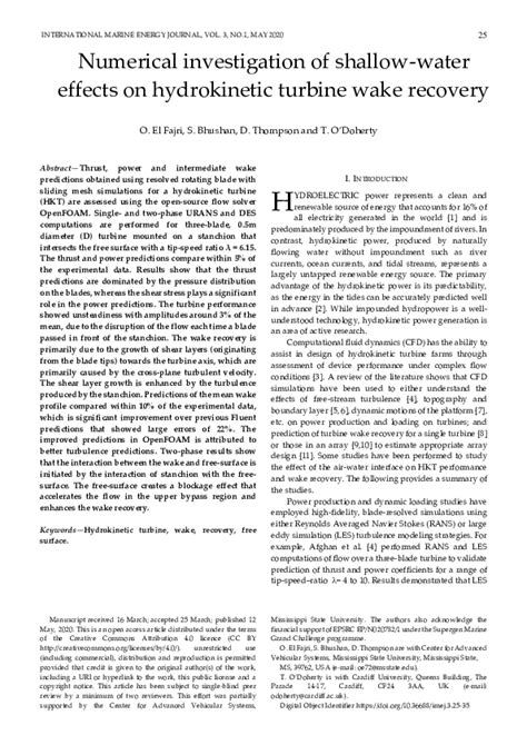 Pdf Numerical Investigation Of Shallow Water Effects On Hydrokinetic Turbine Wake Recovery